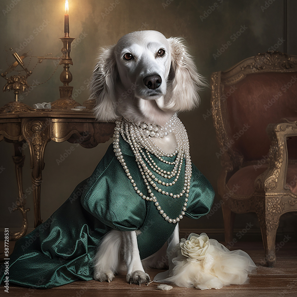 illustrazione di cane vestito come la regina elisabetta, con collana di ...