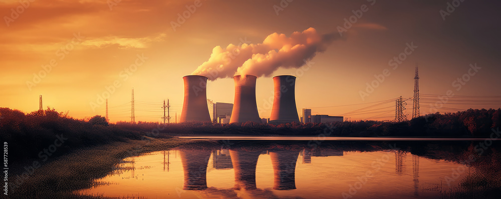 Background image of nuclear power station complex with cooling towers ...