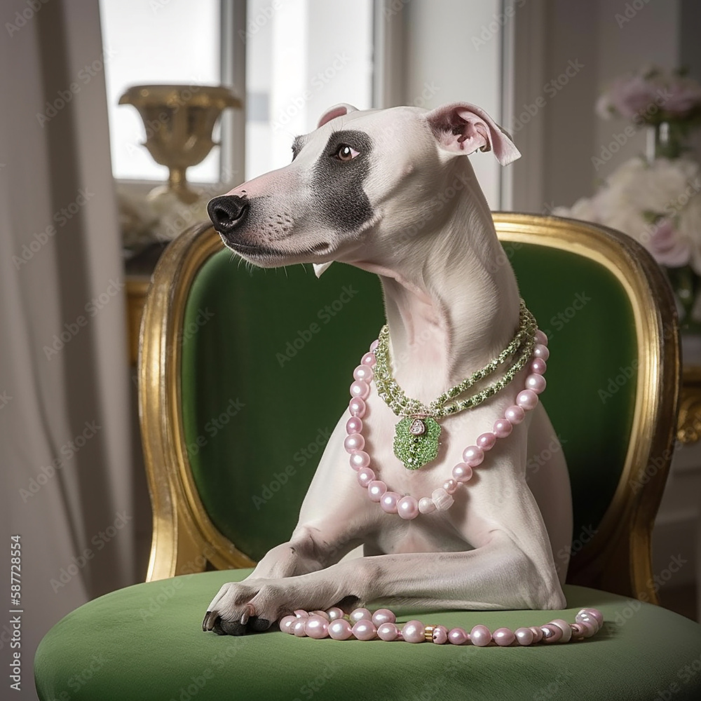 illustrazione di cane vestito come la regina elisabetta, con collana di ...