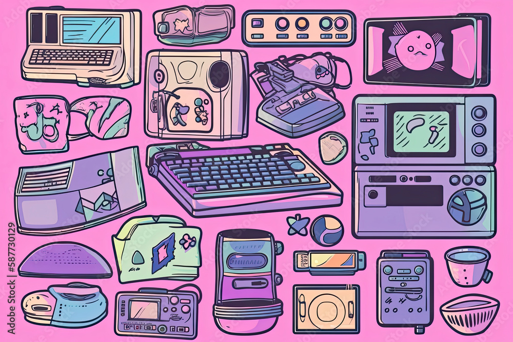 Set of cute y2k girly stickers in retrowave aesthetic. Old computer ...