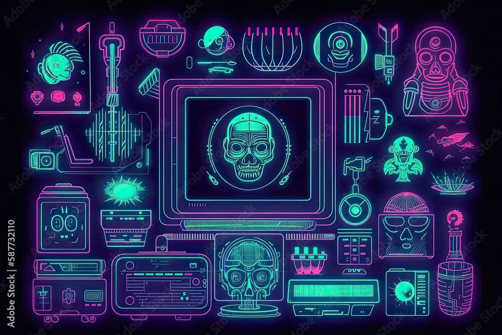 Neon old computer aestethic. Retro pc elements, user interface ...