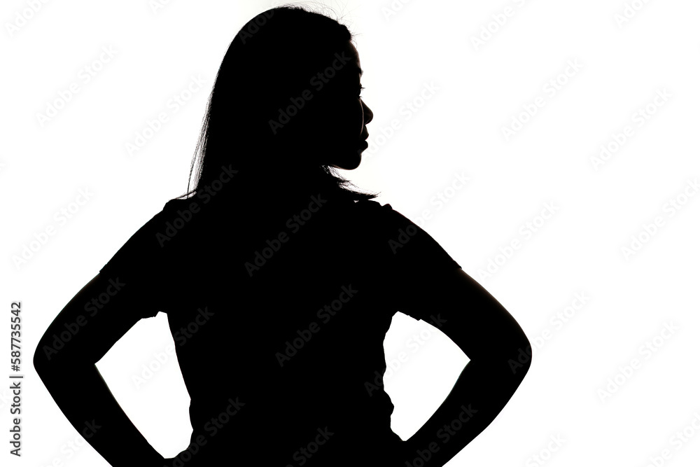Black backlit silhouette of head and shoulders of an oriental woman ...