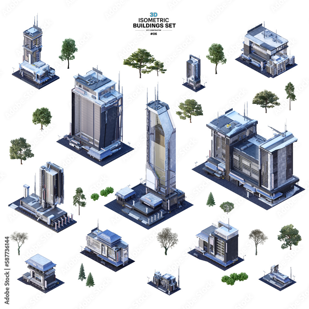 Isometric city constructor. Realistic urban 3D skyscrapers, business ...