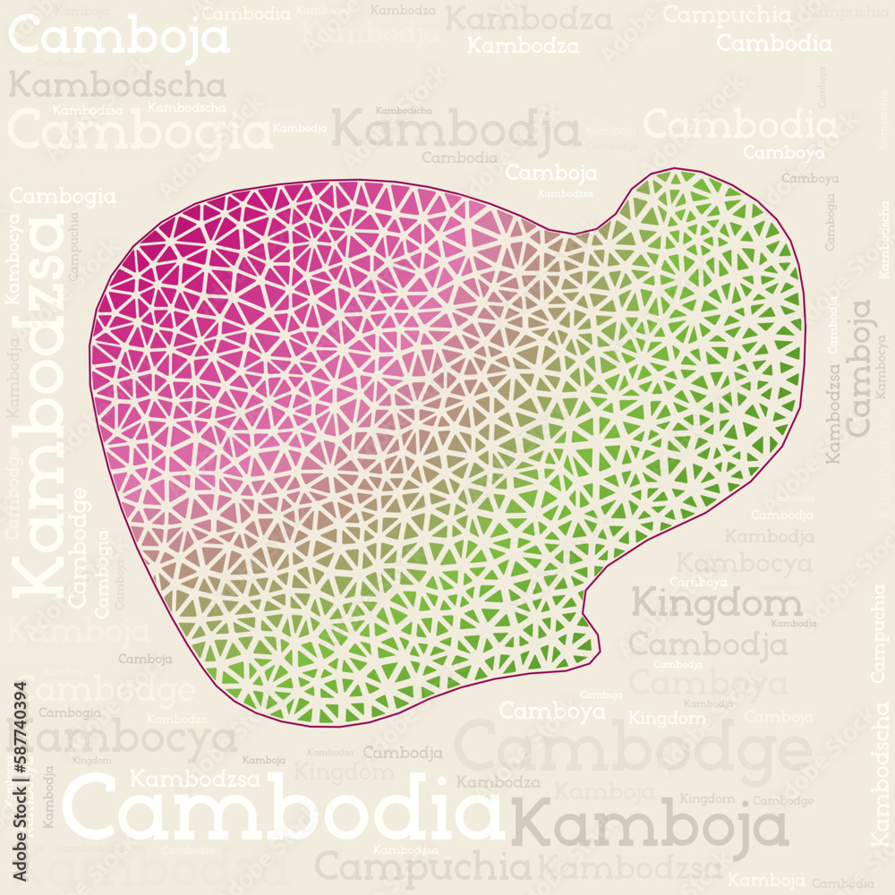 CAMBODIA map design. Country names in different languages and map shape ...