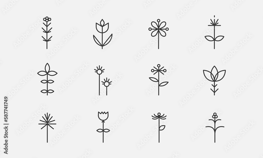Flower line icon set. Spring plants, blossoms and wildflowers ...