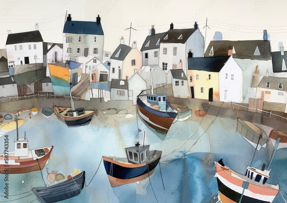 Quirky seaside fishing harbour, watercolour style, generative ai Stock ...