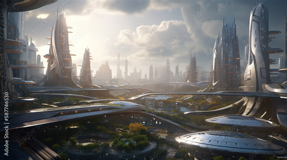 A incredibly modern and advanced city skyline showing off its enormeous ...