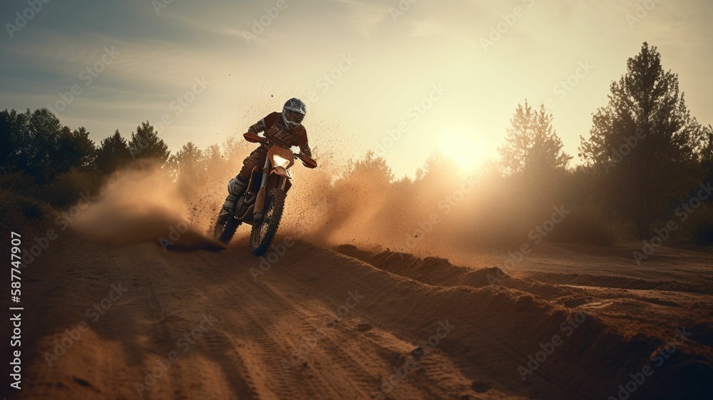 The rider jumping over a dirt mound, with his motorcycle horizontal in ...