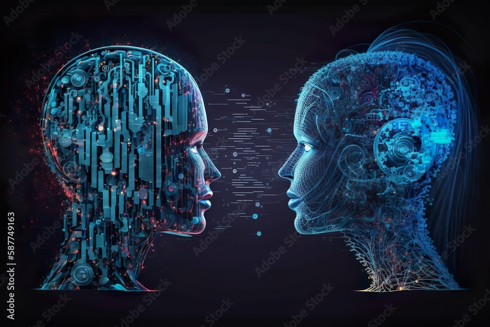 Illustrated head surrounded by neon lines and networks represents ...