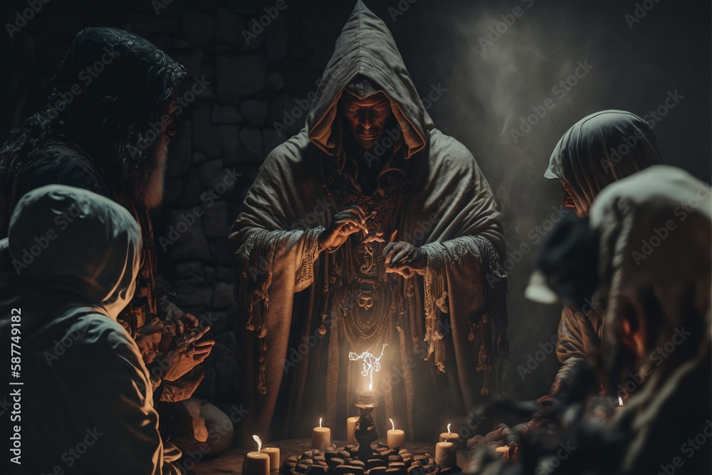 Gloomy dramatic backdrop, witch in black robe performing ritual in ...