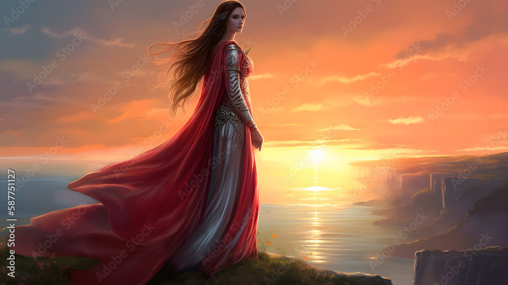 Red-dressed woman stands on cliff in stunning fantasy art by Christophe ...