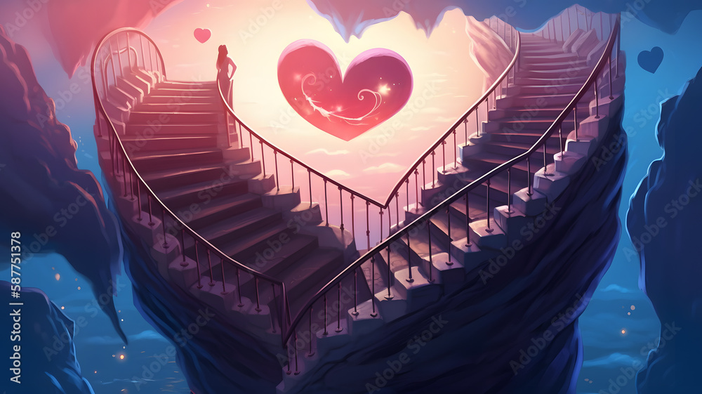 Heart-shaped staircase with man, illustrated in romanticism style by ...
