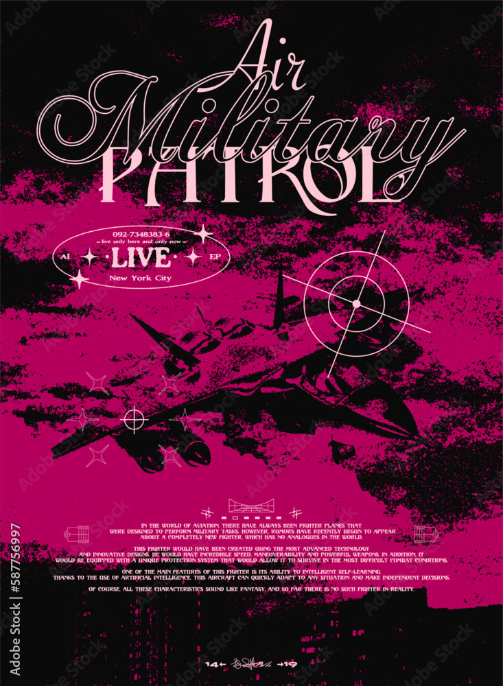 Retro poster with a flying fighter jet. Abstract print with paper ...