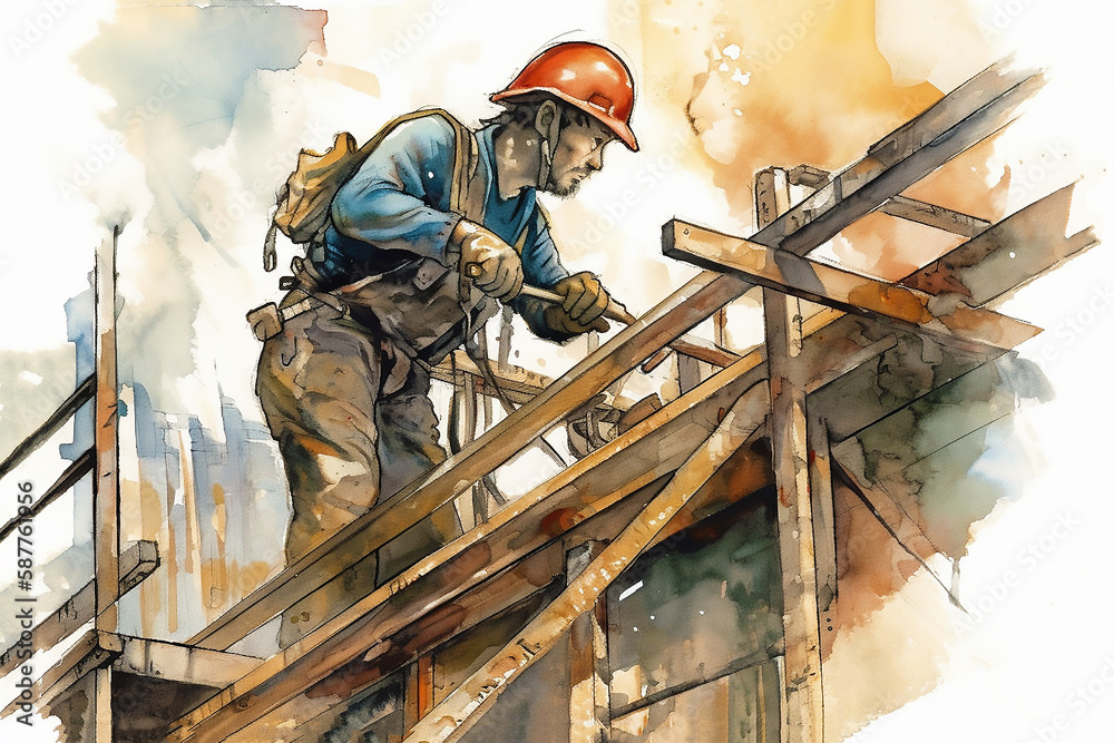Watercolor painting of a construction worker, concrete art, detailed ...