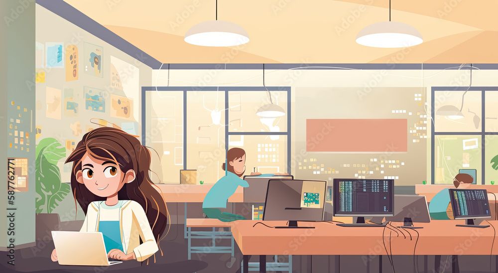 Office worker and Students sitting in front of Computer in co working ...