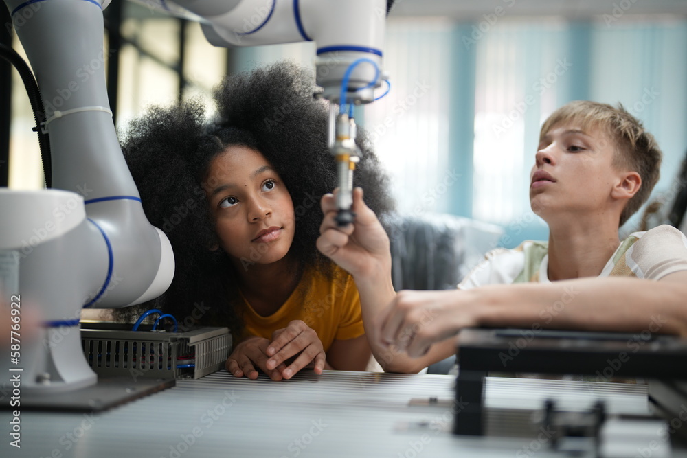 Children learning AI technology Robot with artificial intelligence ...