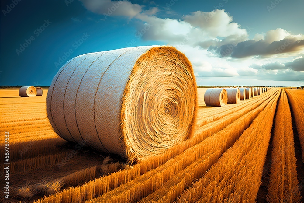 A peaceful rural scene of a circle of bales surrounded by golden cereal ...