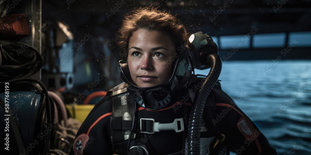 A female marine biologist wearing diving gear before getting into water ...