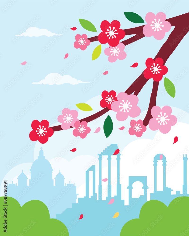 Rome at spring, vector background. Pink cherry tree's blossom during ...