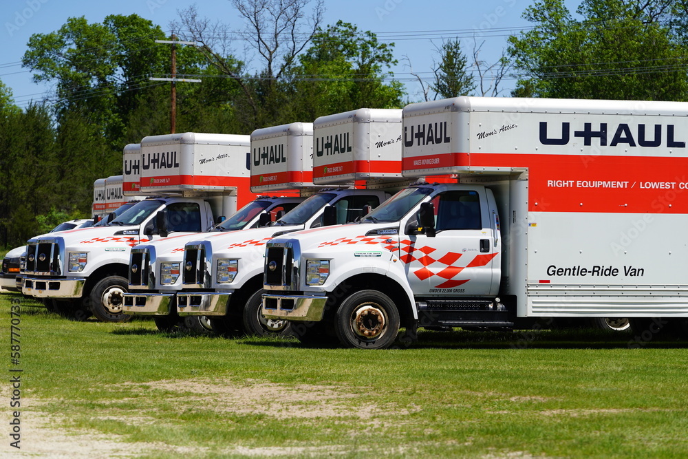 U Haul trucks set up outside ready to be used by customers. Stock Photo ...