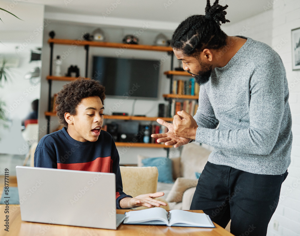 father child home family homework son teenage parent education arguing ...