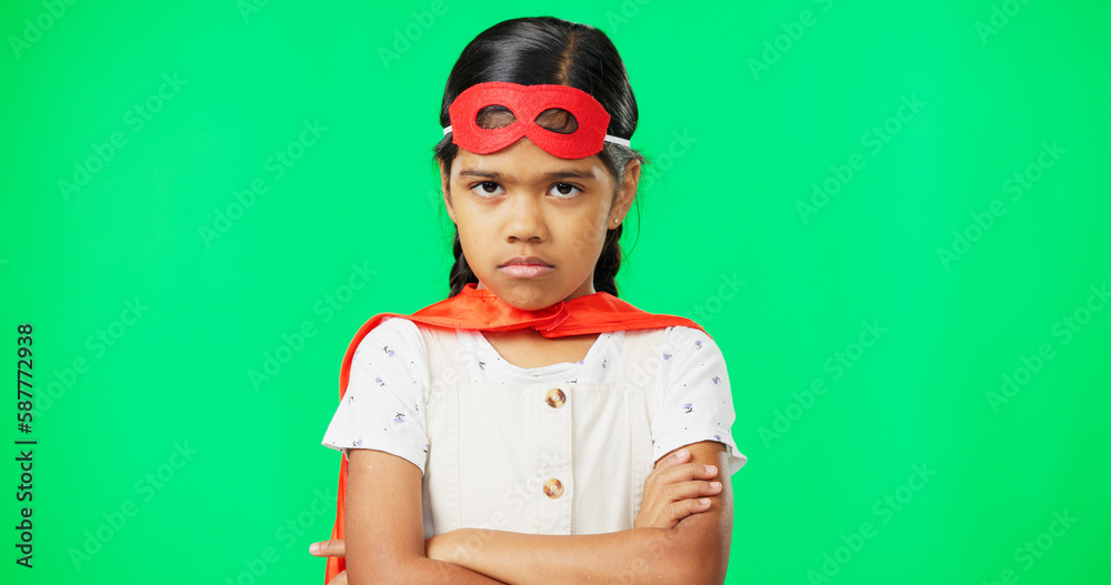 Angry, crossed arms and face of child on green screen with upset ...