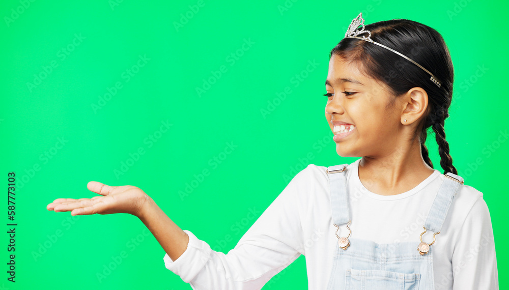 Mockup, green screen and child open hand showing product placement ...