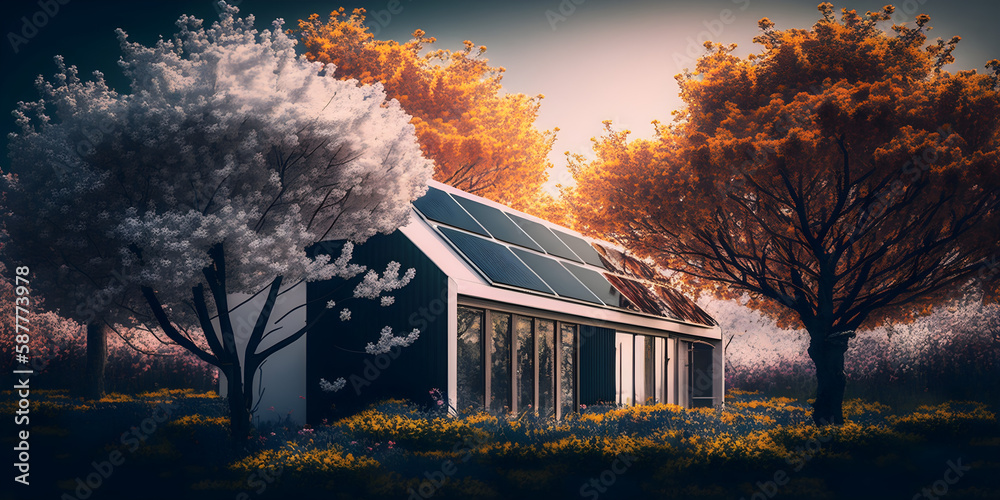 Modern house with solar panel installation, spring garden in background ...