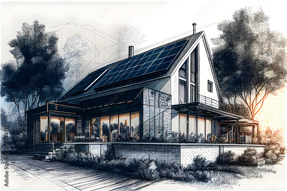 Sketch of solar panel in house roof. Photovoltaic solar panels in ...