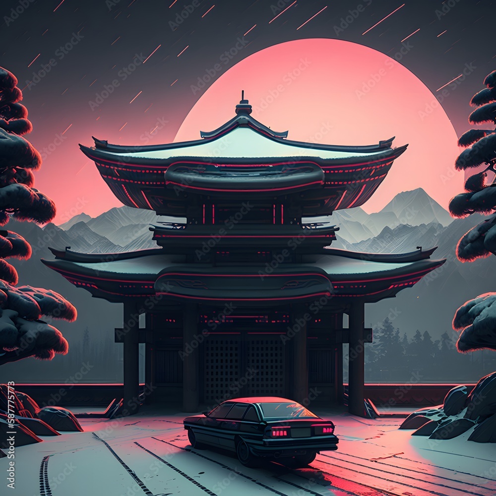 Japanese synth wave temple in the sky illustartion Stock Illustration ...