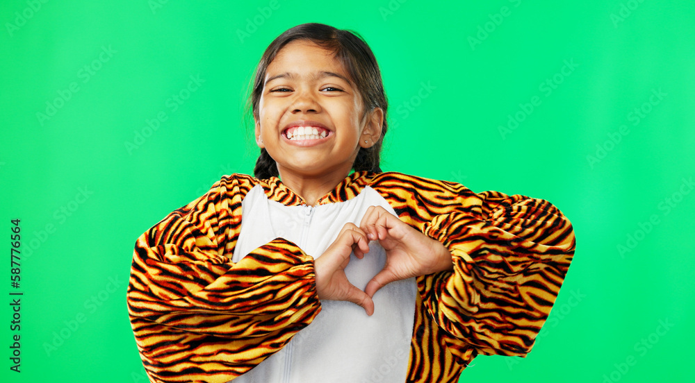 Heart, green screen and love hand sign by kid excited, smile and ...