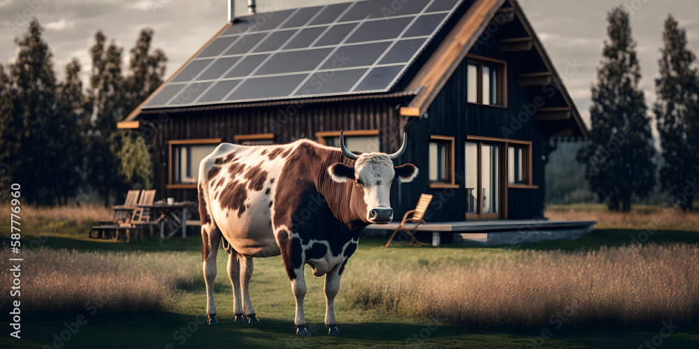 Modern farm with solar panel. House with solar panel installation, eco ...