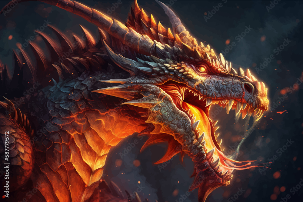Head of Fantasy Dragon. Ferocious monster. Vicious dragon with a gaping ...