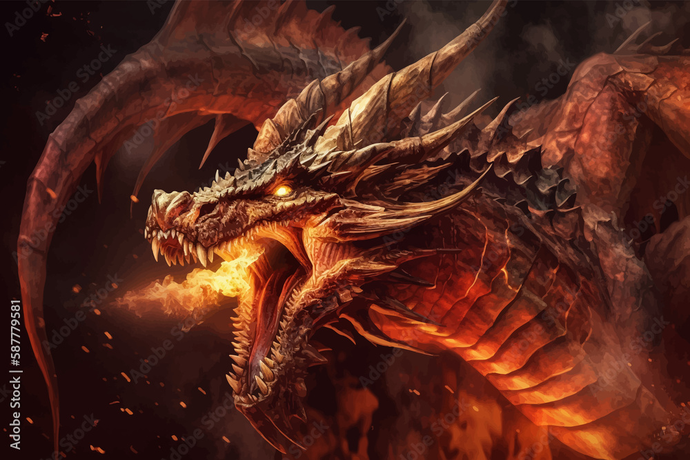 Head of Fantasy Dragon. Ferocious monster. Vicious dragon with a gaping ...