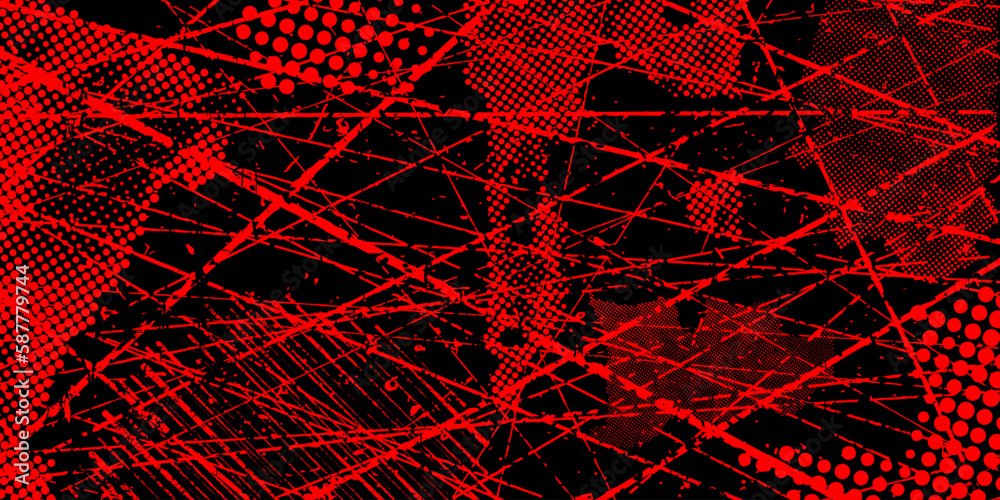 Distorted red and black grungy backdrop. Vector shape with halftone ...