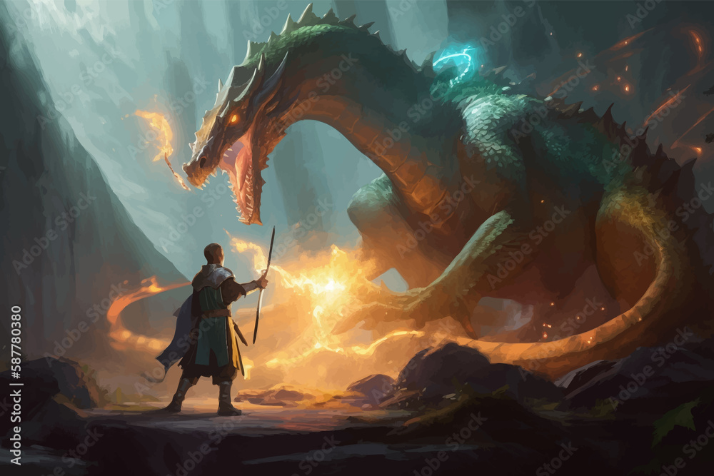 Wizard and huge dragon. Fantasy scene in the cave. Battle of a magician ...