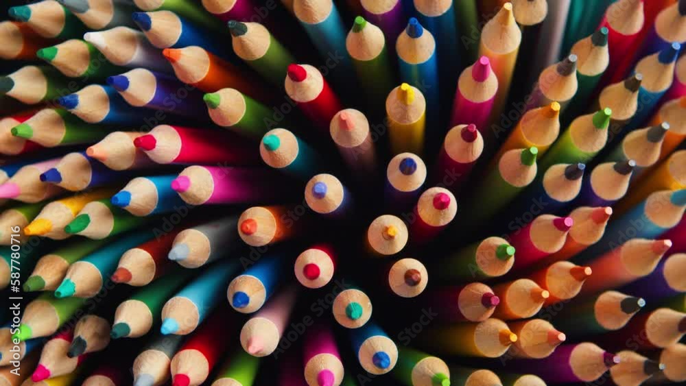 Top view of sharpened multicolored drawing pencils, rotating in a ...