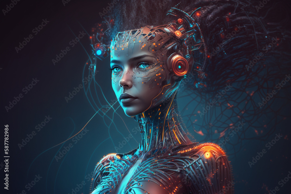 Artificial intelligence in image of cyborg girl with electronic brain ...