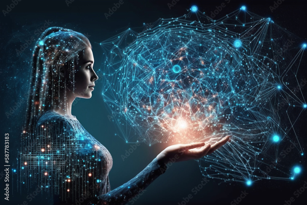 Big data concept, digital neural network, business woman hand touching Introduction of ...