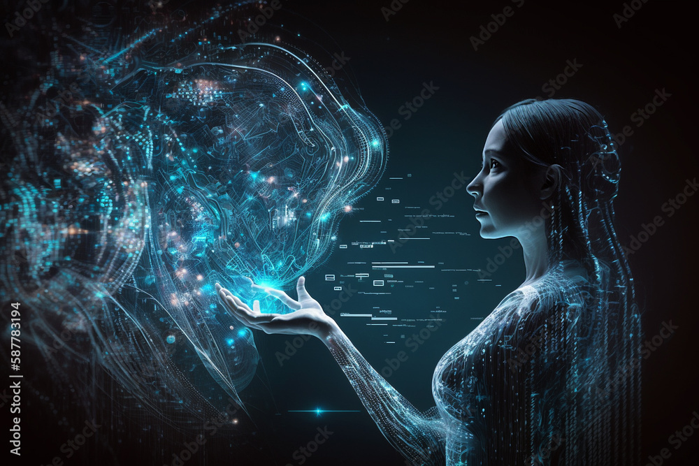 Big data concept, digital neural network, business woman hand touching Introduction of ...