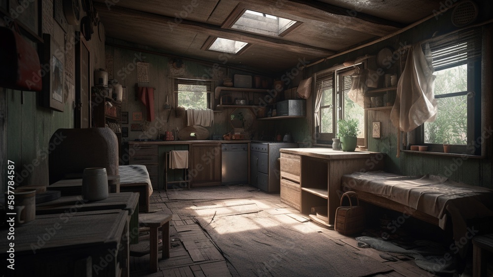 a simple house indoor kitchen, simple people, poverty, dramatic ...