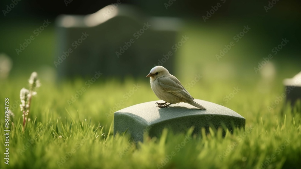 a simple memorial headstone to a deceased with a small white bird on ...