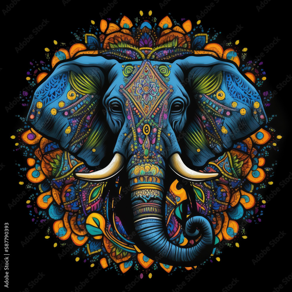 Ornate and colorful elephant mandala ar on a black background. Created ...