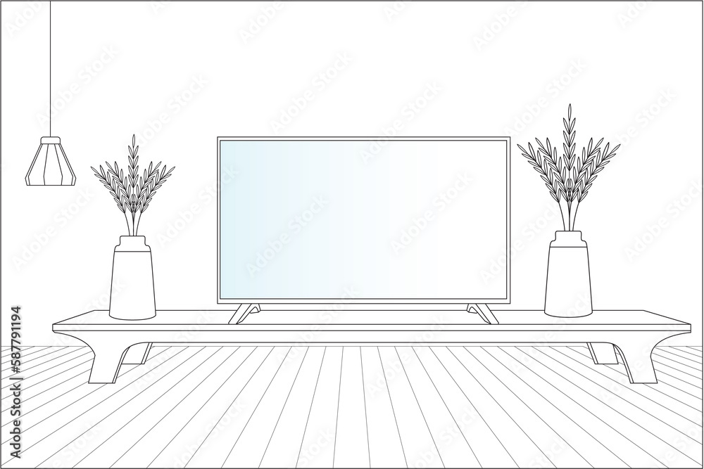 modern living room, A sketch of a living room with a tv and a table ...