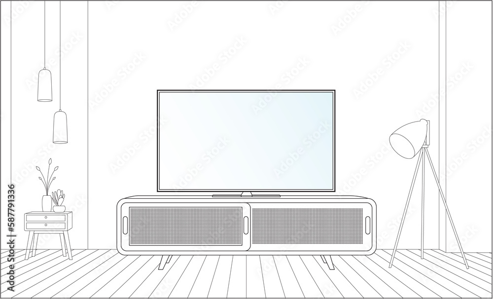 room with a tv, modern living room, A sketch of a living room with a tv ...