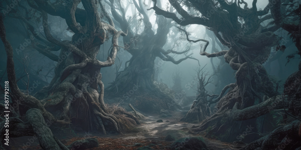 Spooky trees in dark fantasy forest. Generative AI illustration Stock ...