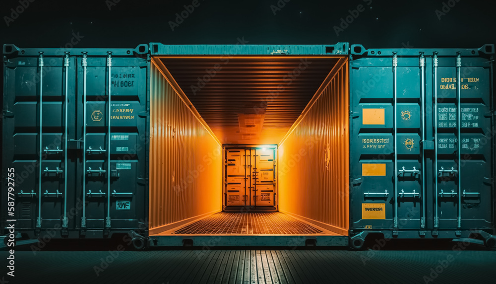 View of open empty cargo container with open doors. Freight ...