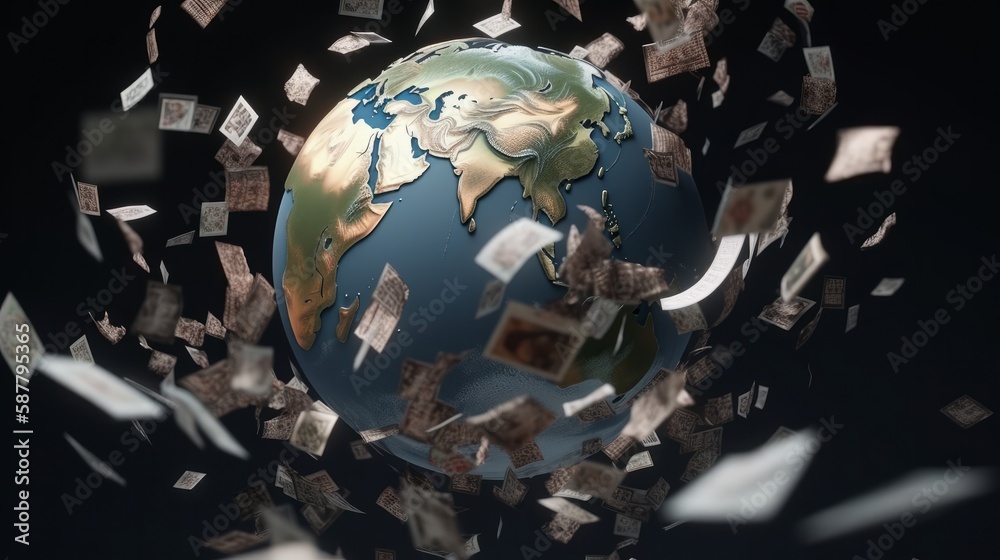 Earth globe, planet with paper money, global currency, cash flying ...
