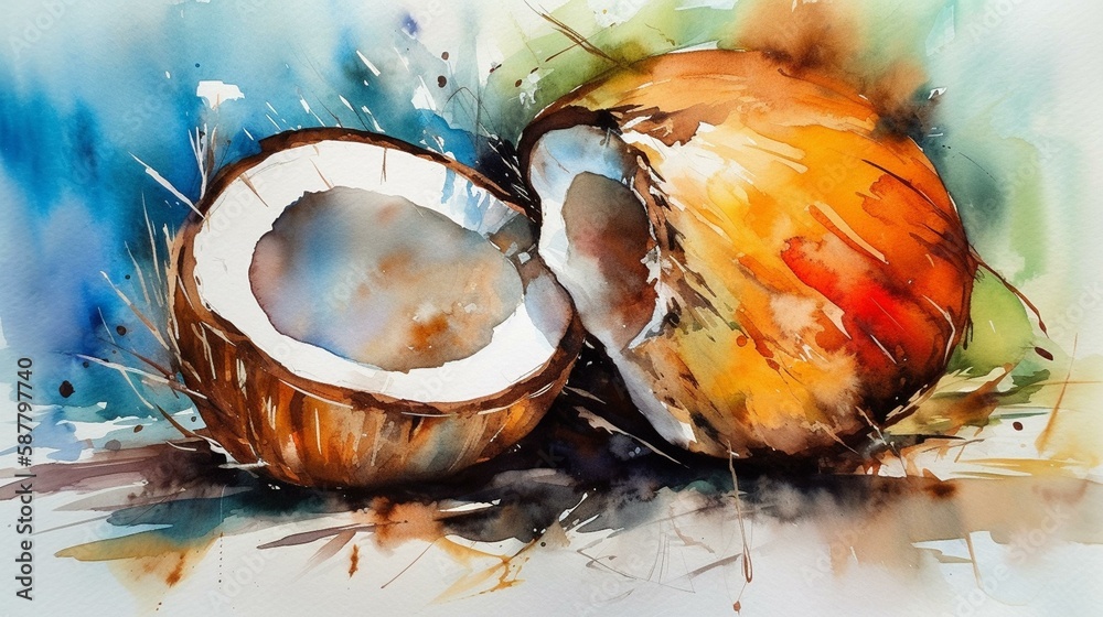 Depict a refreshing and tropical watercolor painting of a sliced ...