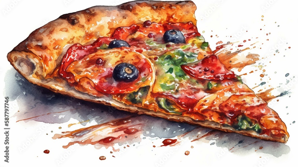 Depict a delicious and savory watercolor portrait of a slice of pizza ...